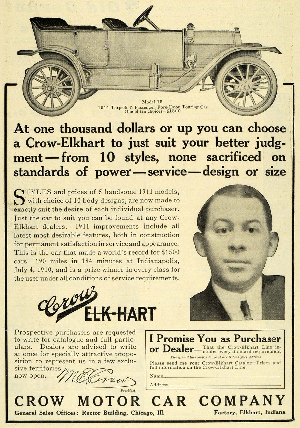 1911 Ad Model 15 Torpedo 5 Passenger Touring Crow Motor Car Elk-Hart E ...