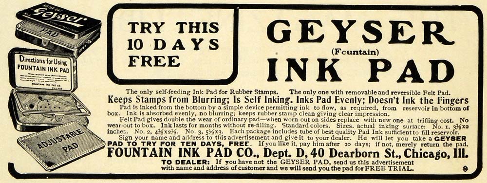 1908 Ad Fountain Geyser Stamping Stamp Ink Pad Chicago Stationary Supp ...