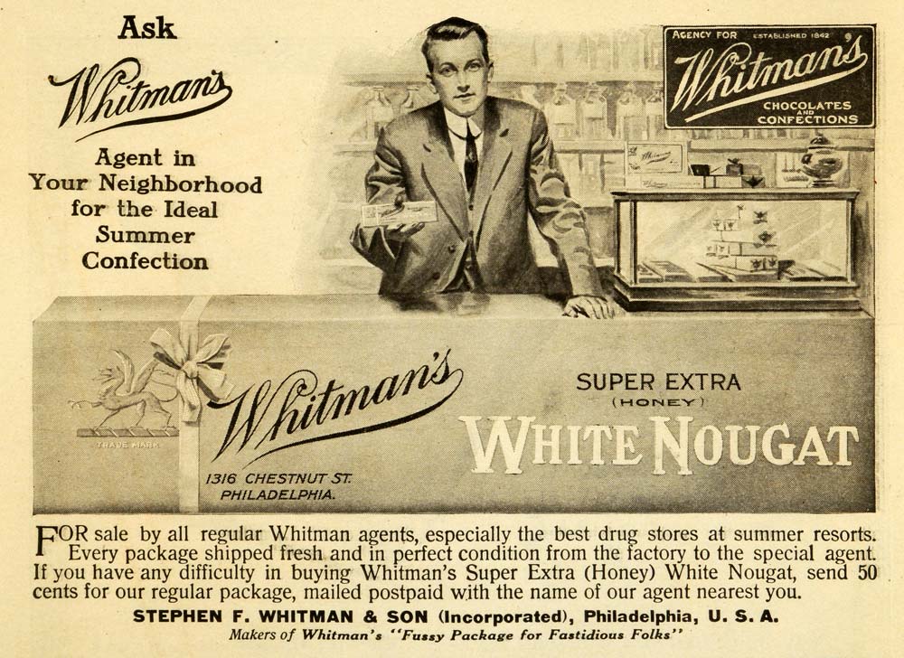 1909 Ad Stephen Whitmans Honey White Nougat Chocolates Confections Can ...
