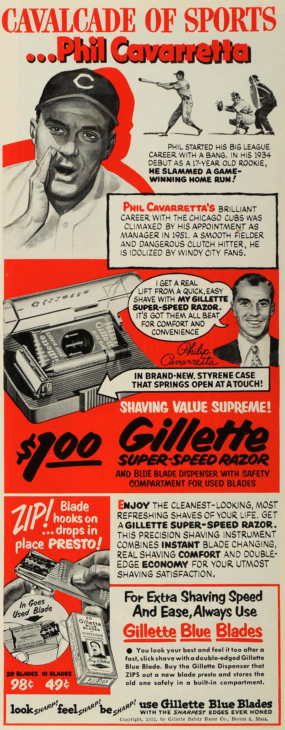 1952 Ad Gillette Safety Razor Blue Blade P. Cavarretta - ORIGINAL ESQ4 ...