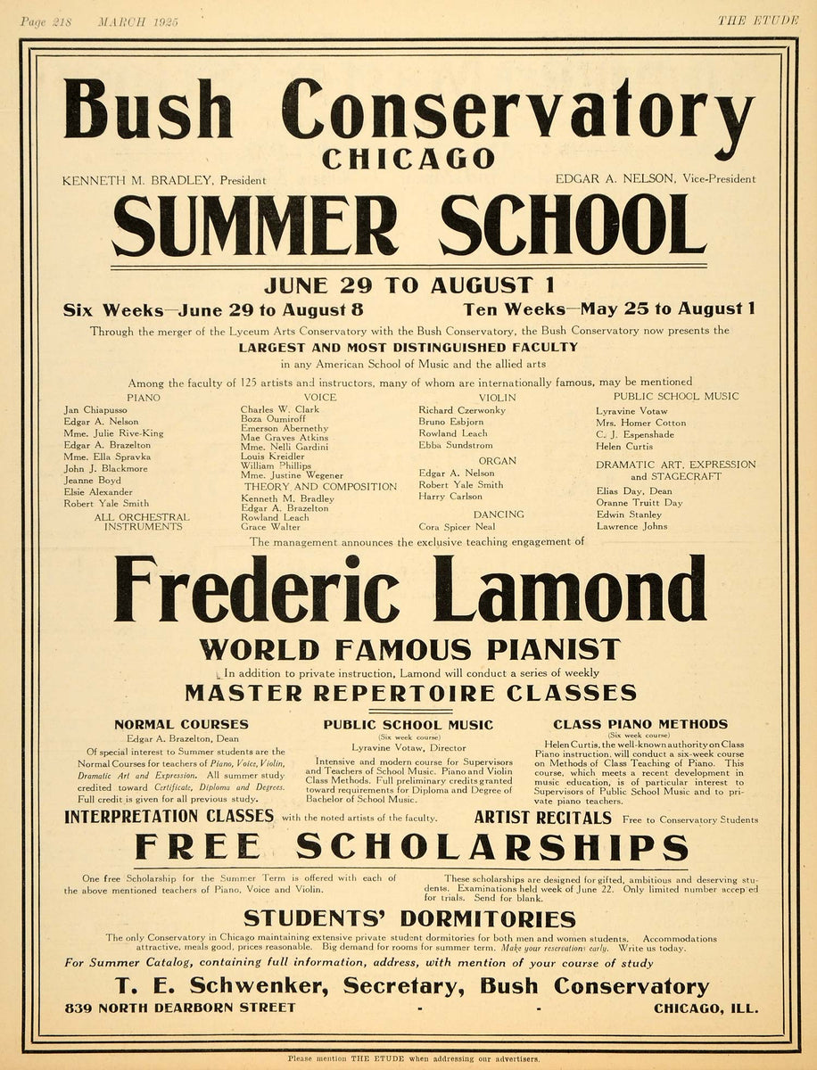 1925 Ad Bush Conservatory Chicago Frederic Lamond Music - ORIGINAL ET1 ...