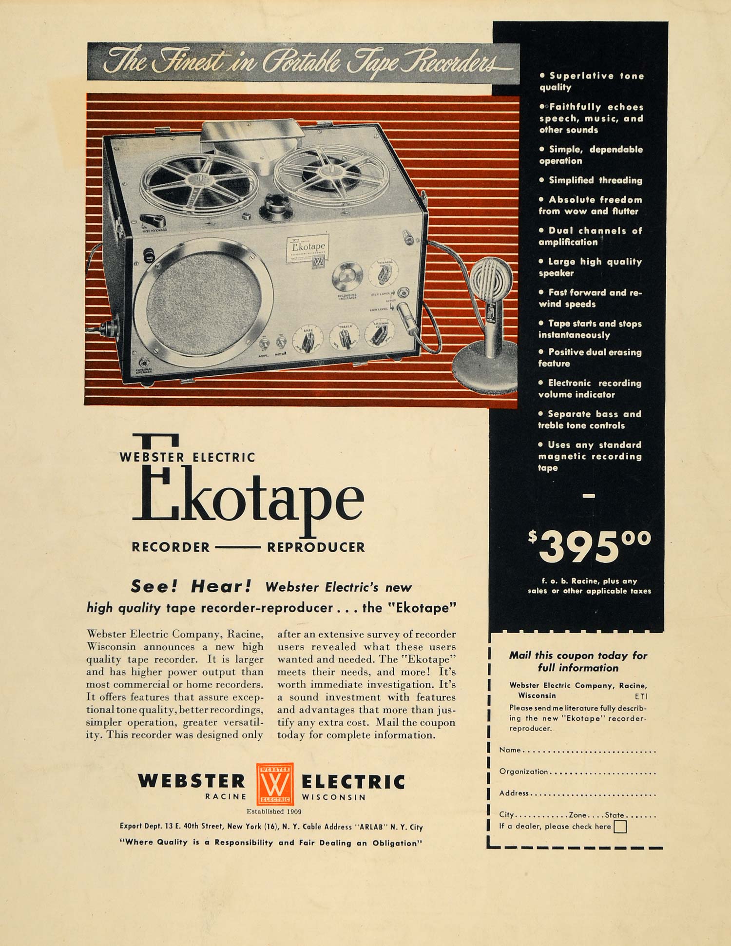 1948 Ad Webster Electric Ekotape Recorder Racine Wisc - ORIGINAL ADVER ...