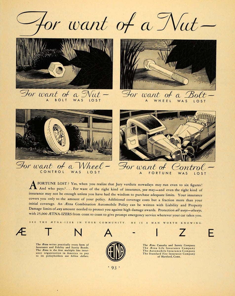 1931 Ad Aetna-ize Insurance Services Bolt - ORIGINAL ADVERTISING F1A ...