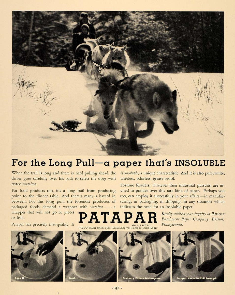 1933 Ad Patapar Paterson Parchment Paper Sled Dogs Snow - ORIGINAL F2A ...