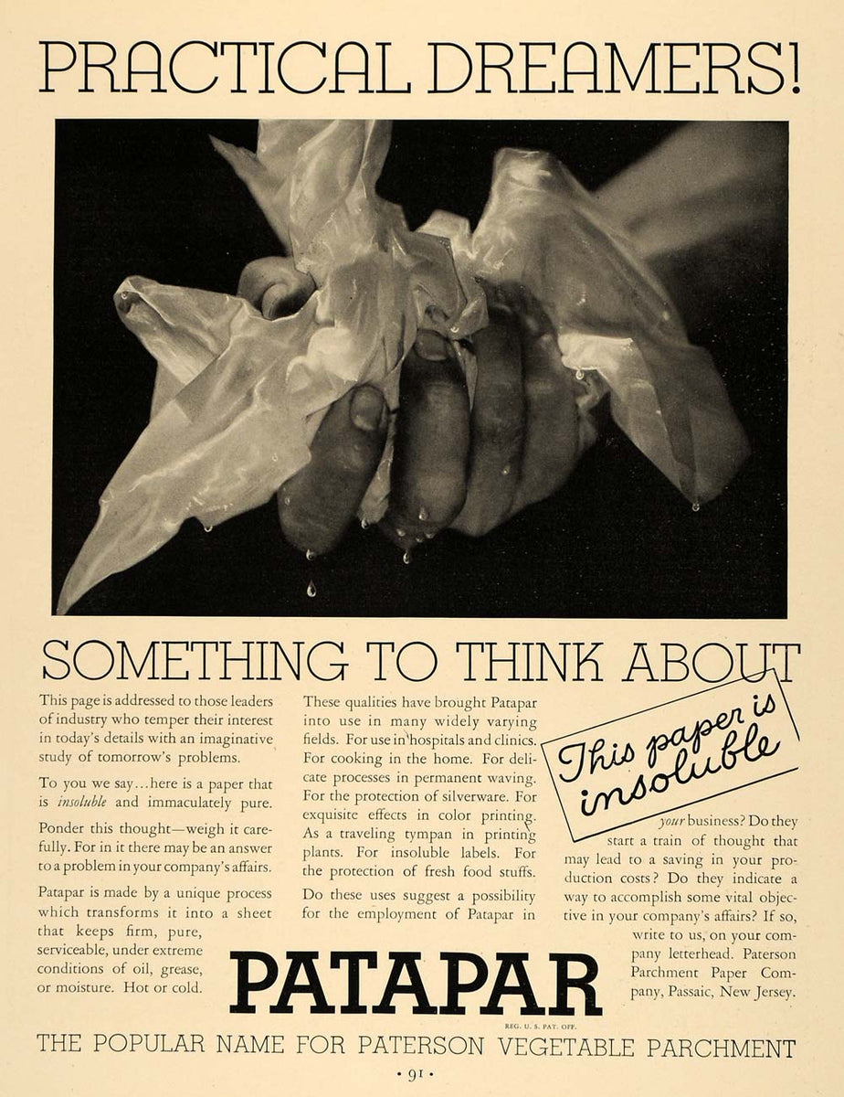 1933 Ad Paterson Parchment Vegetable Paper Patapar Hand - ORIGINAL F2A ...