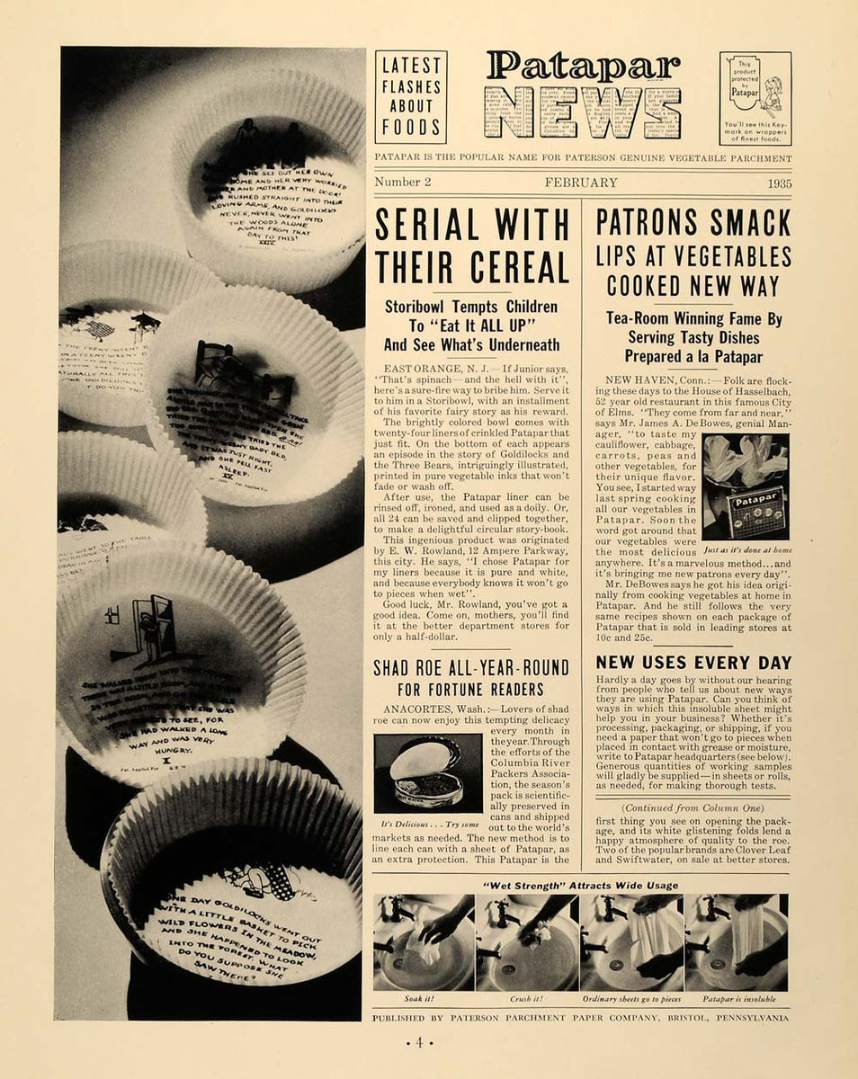 1935 Ad Paterson Paper Patapar Vegetable Parchment News - ORIGINAL F3A ...