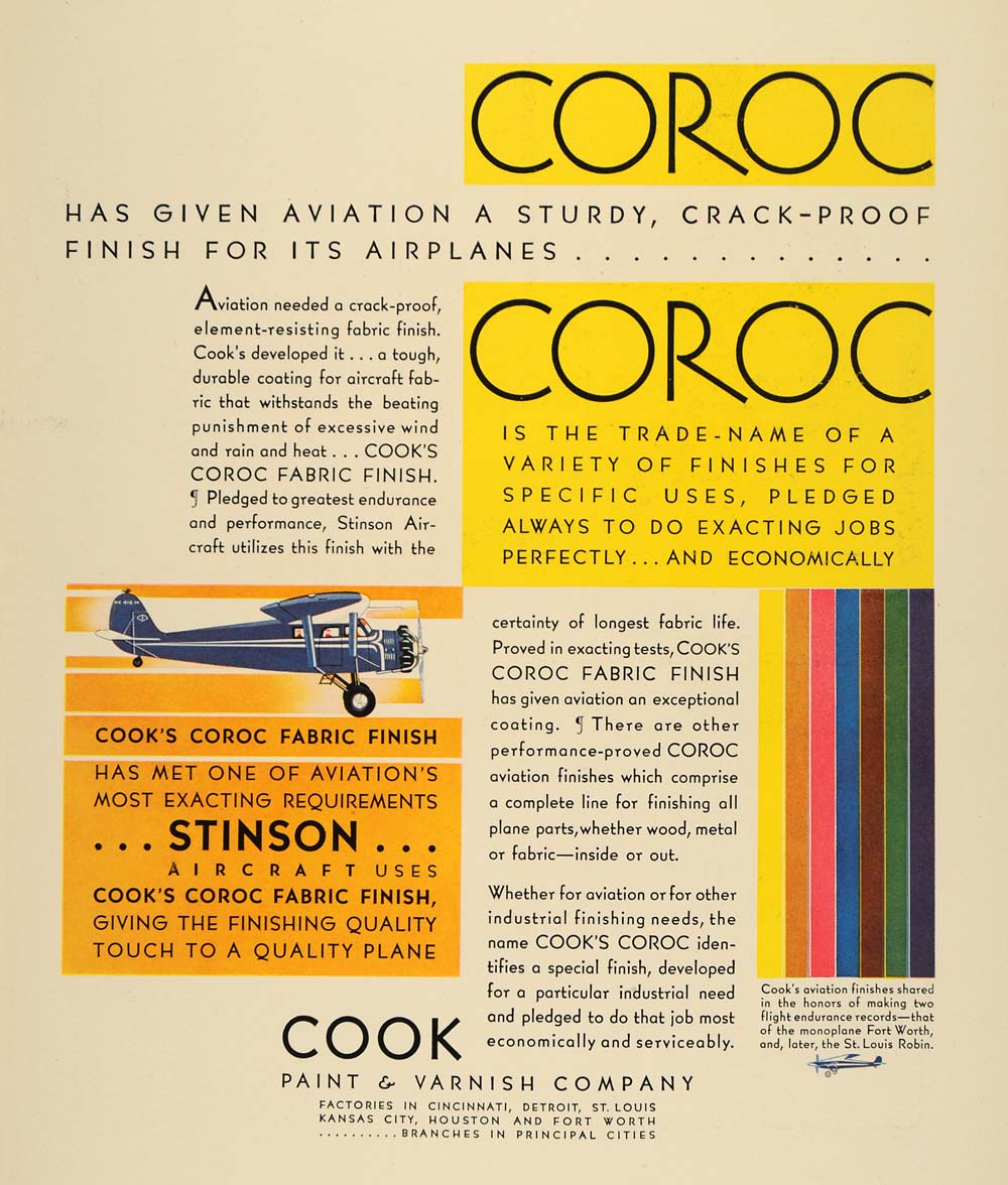 1930 Ad Cook Paint & Varnish Coroc Aviation Fabric - ORIGINAL ADVERTIS ...