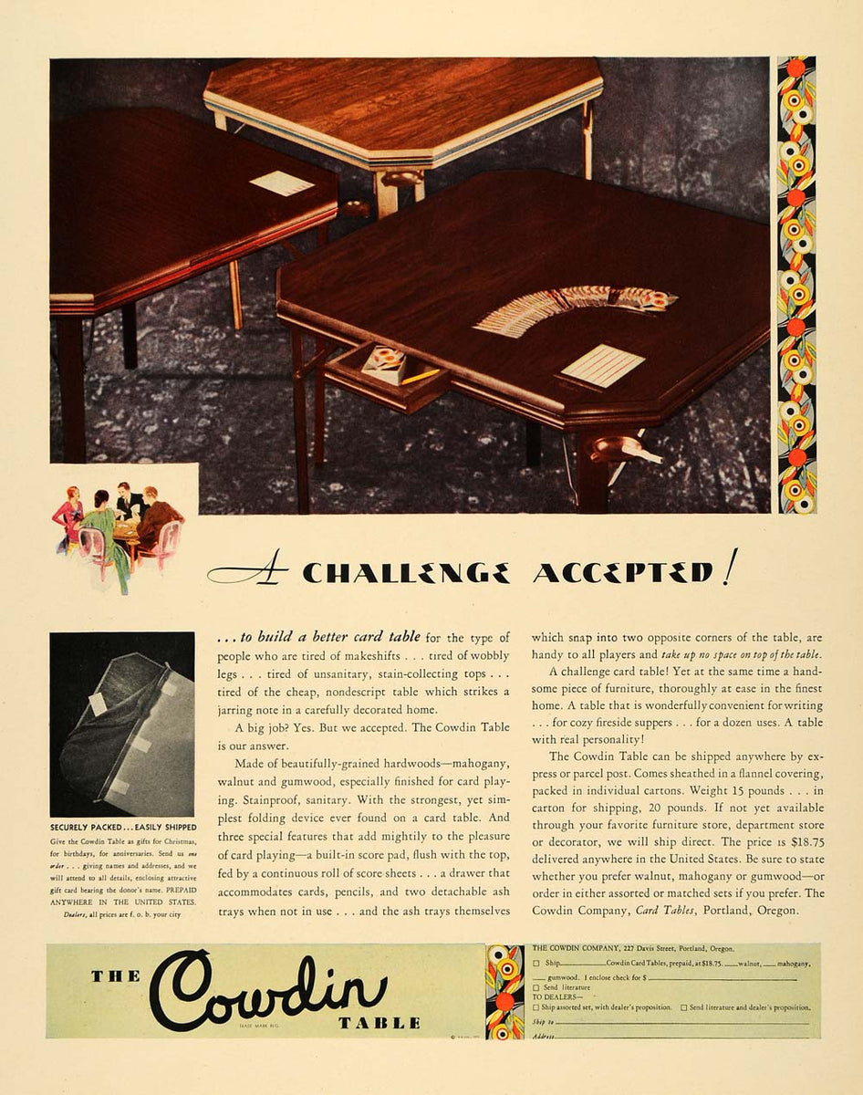 1930 Ad Cowdin Table Cards Built-In Scorepad Ashtray - ORIGINAL ADVERT ...