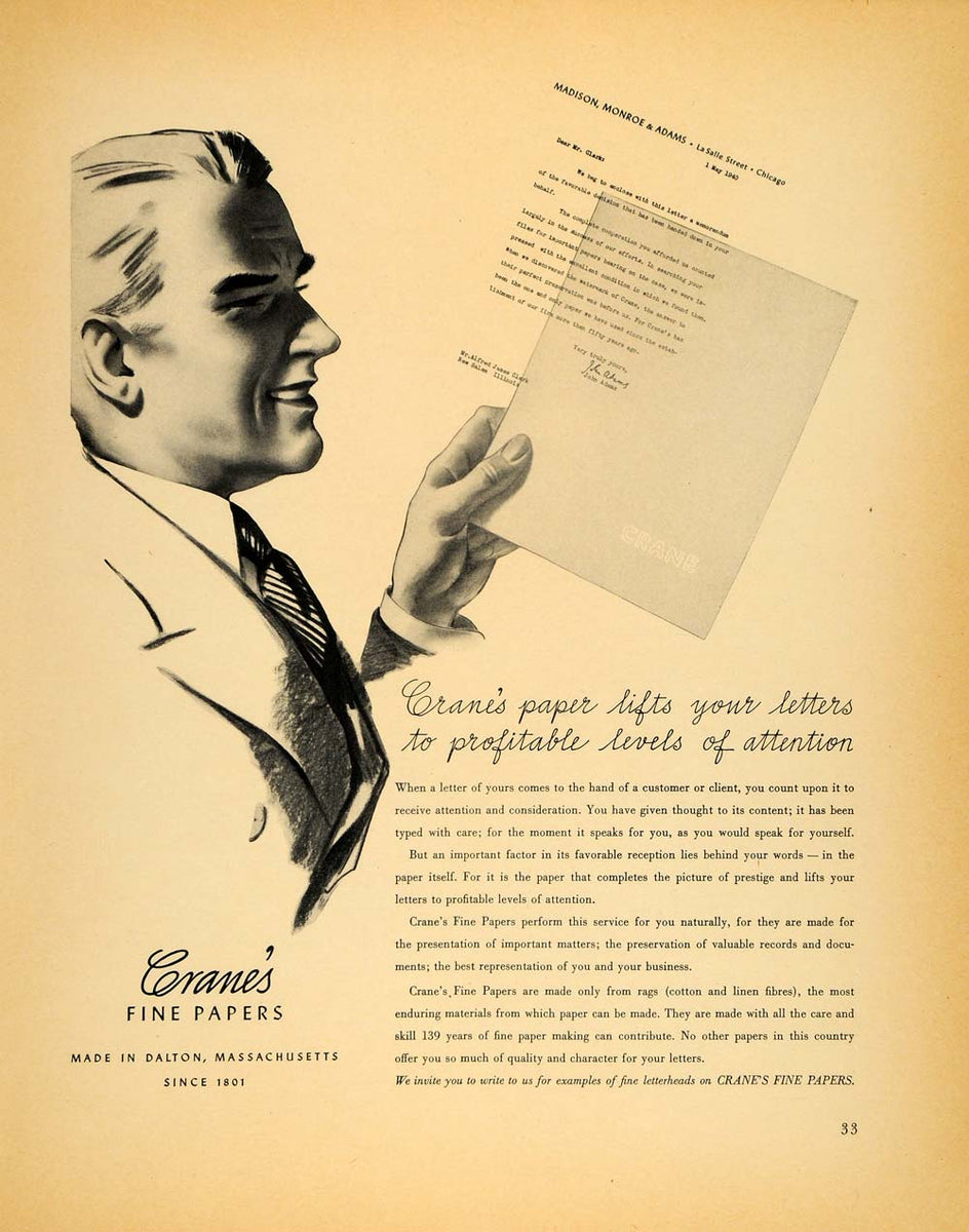 1940 Ad Crane's Fine Paper Printing Memorandum Letter - ORIGINAL ADVER ...