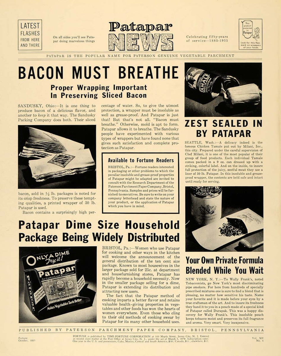 1935 Ad Paterson Patapar Vegetable Parchment Paper - ORIGINAL ADVERTIS ...