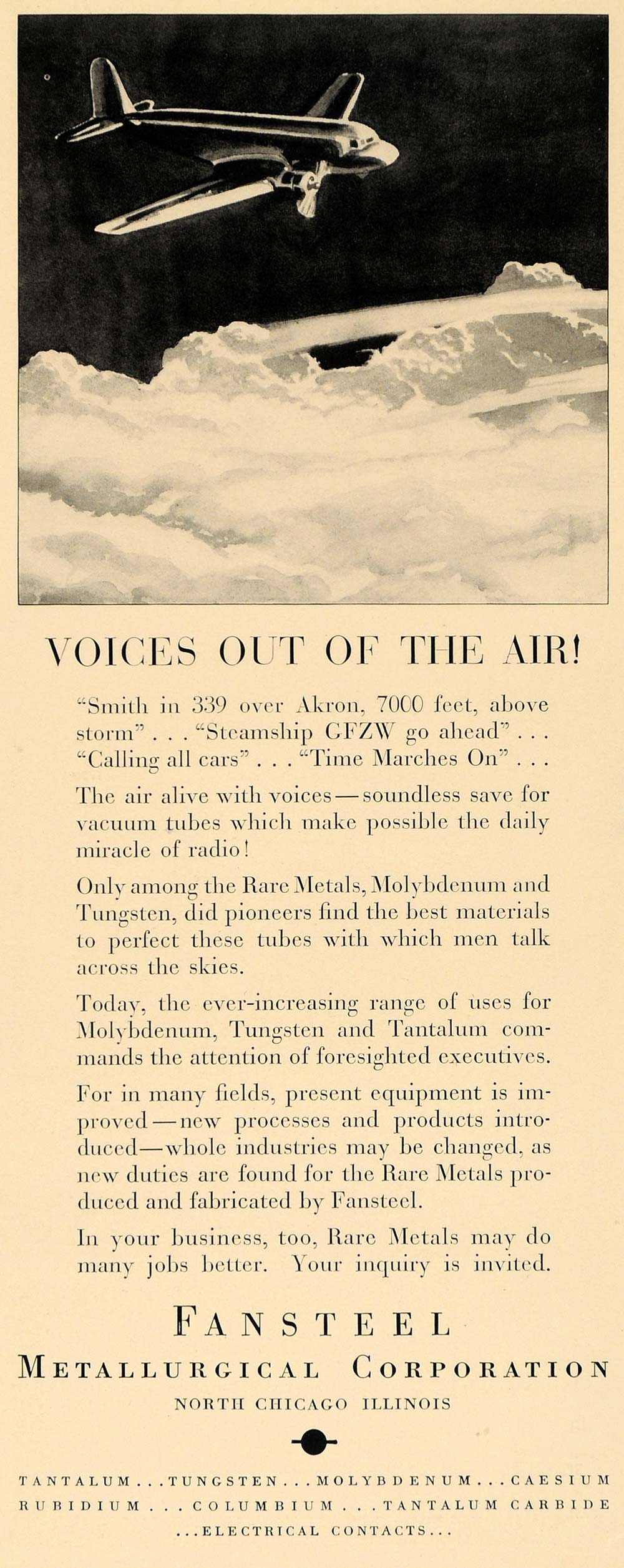 1936 Ad Fansteel Metallurgical Rare Metals Aviation - ORIGINAL ADVERTI ...