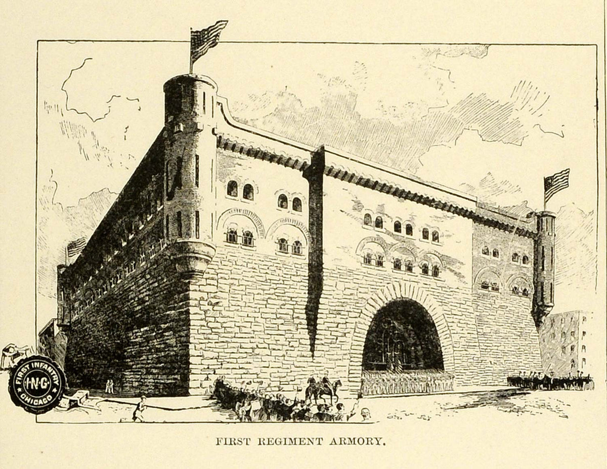 1893 Print Chicago First Regiment Armory Flag Architecture Michigan 16 ...