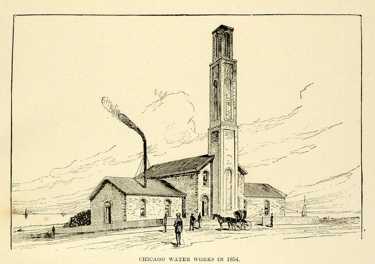 1893 Print Chicago Water Works Building Tower 1854 Architecture Horse ...