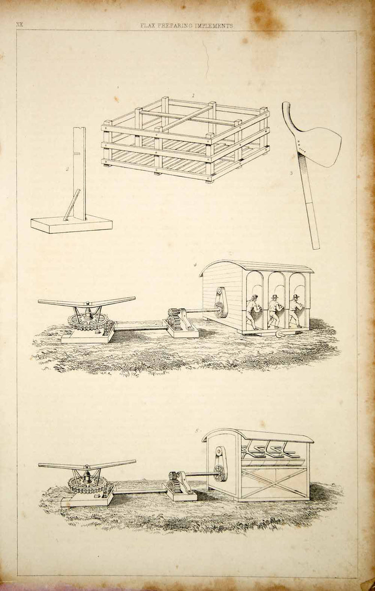 1852 Steel Engraving Antique Print Flax Cultivation Mill Machine Agric ...