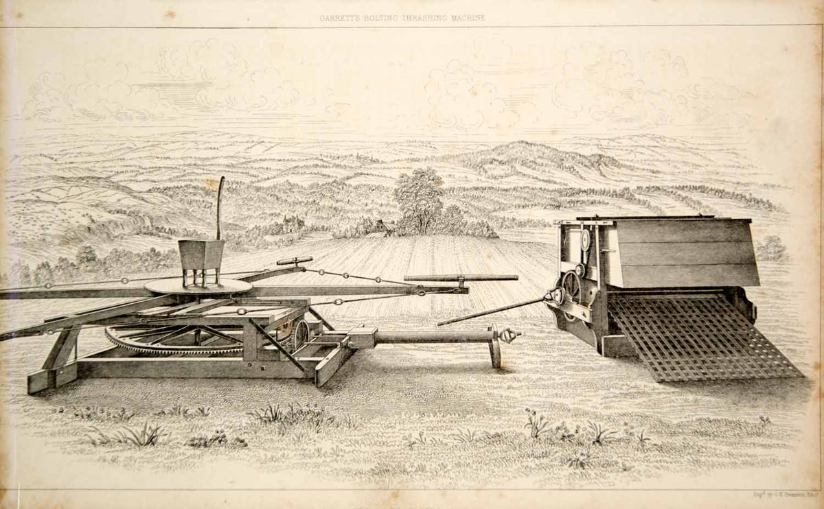 1852 Steel Engraving Antique Garrett Rolling Threshing Machine Threshe ...