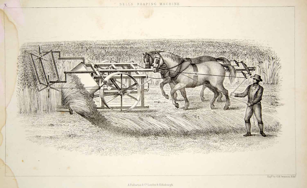 1852 Steel Engraving Antique Bell Reaping Machine Reaper Horses Farmin ...