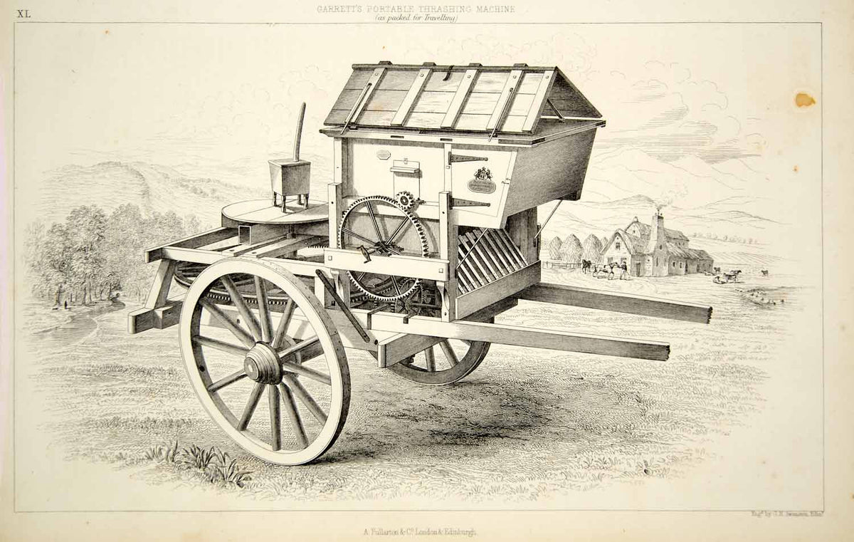 1852 Steel Engraving Antique Garrett Portable Thresher Threshing Machi ...