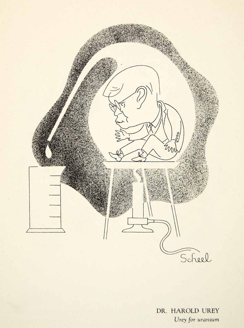 1951 Offset Lithograph Harold Urey Uranium Caricature Theodor Scheel C ...