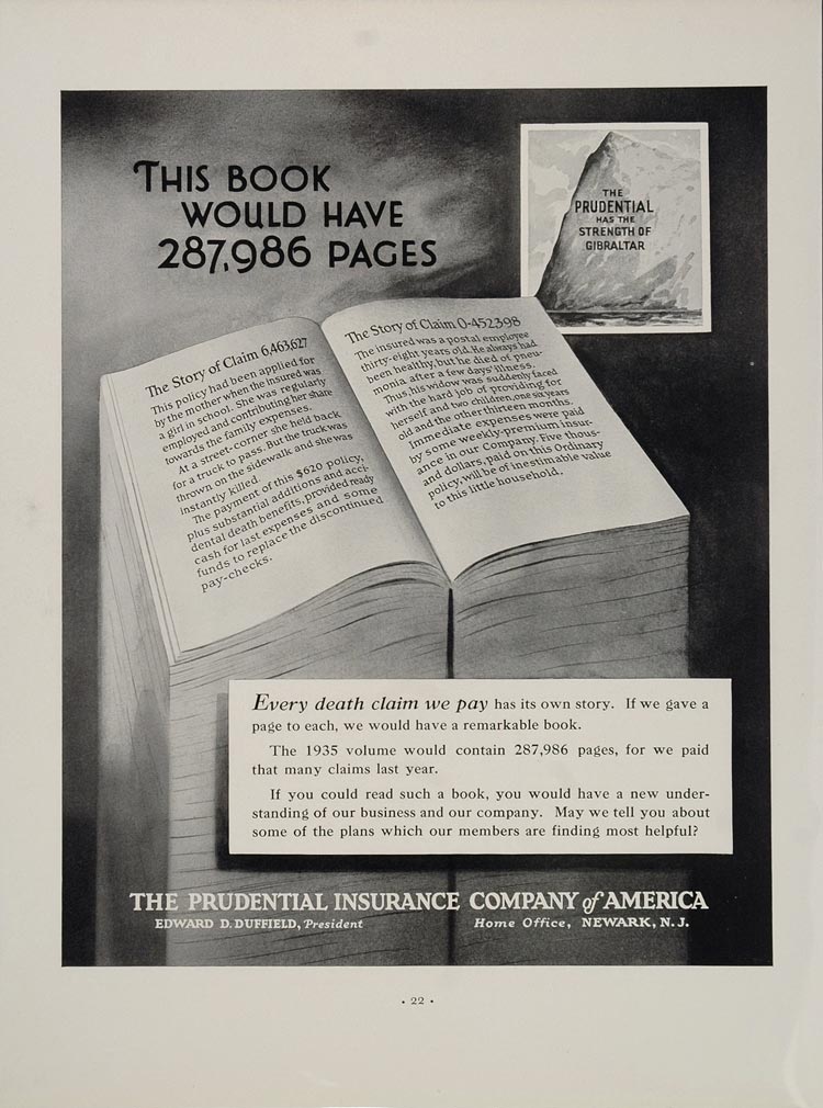 1936 Ad Prudential Insurance Co. Claim Rock Gibraltar - ORIGINAL ADVER ...