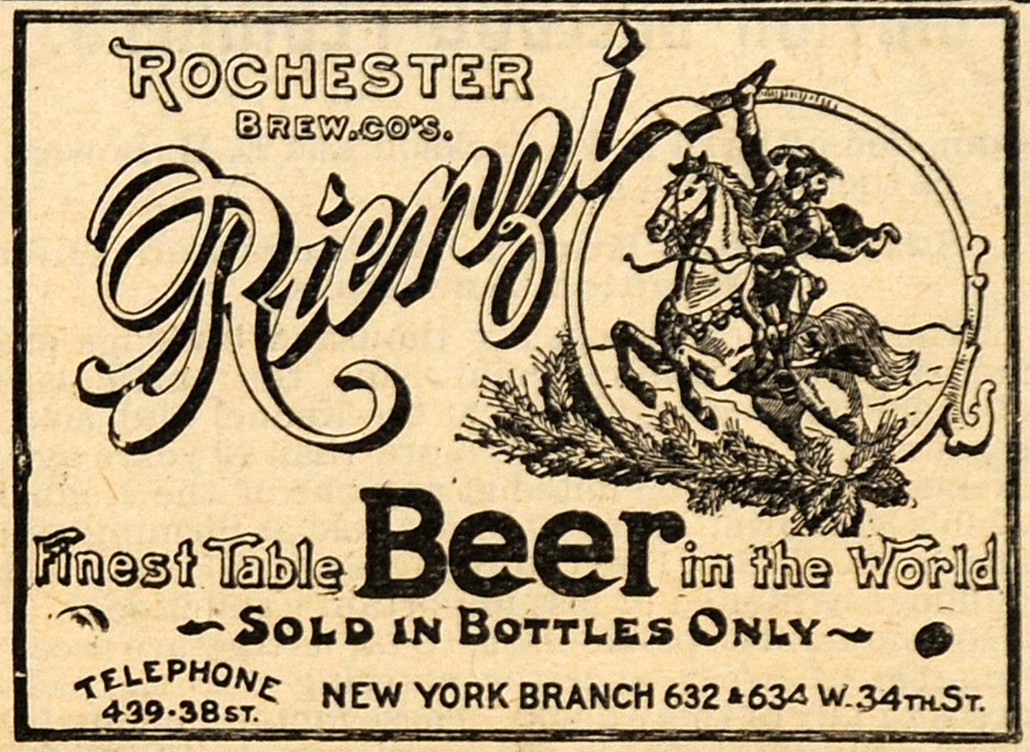 1895 Ad Rochester Brewing Company Rienzi Table Beer - ORIGINAL ADVERTI ...