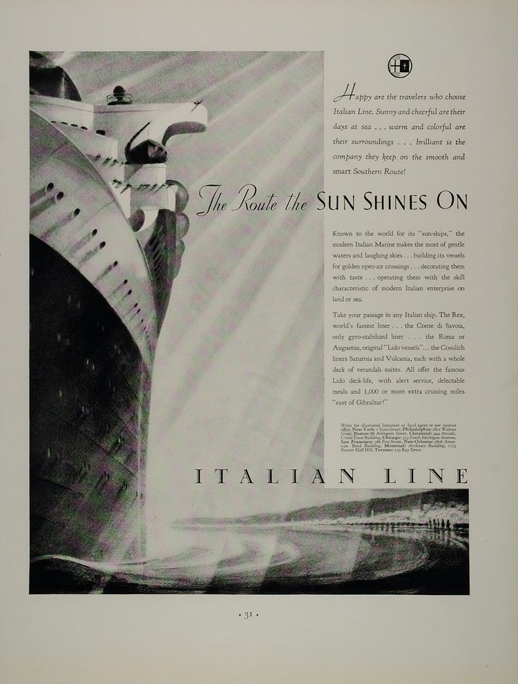 1934 Ad Travel Italian Line Cruise Ship Liner Sun-Ships - ORIGINAL FT1 ...