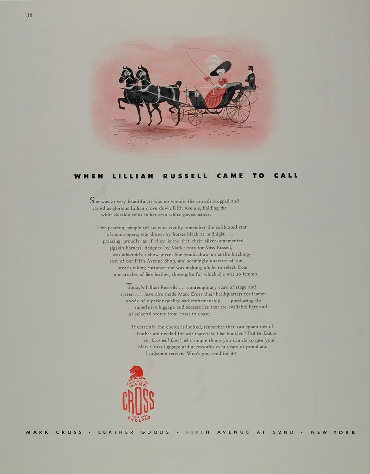 1943 Ad Mark Cross Leather Rein Lillian Russell Phaeton - ORIGINAL FT2 ...