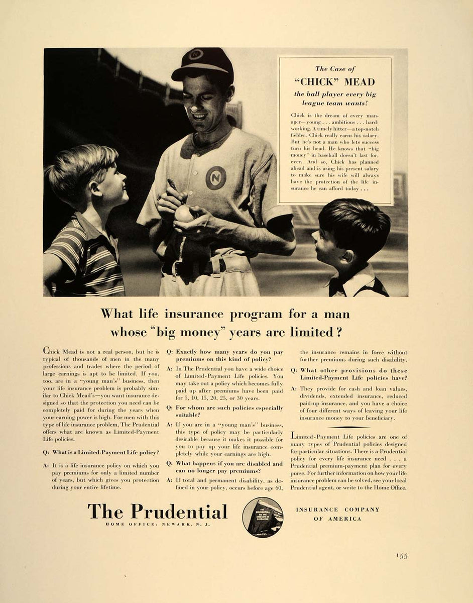 1940 Ad Prudential Insurance Company Baseball Player - ORIGINAL ADVERT ...