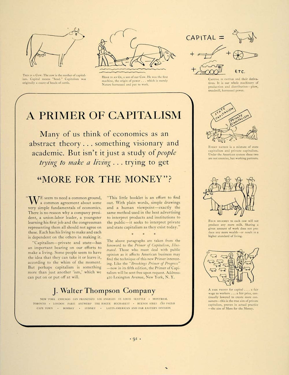 1937 Ad J. Walter Thompson Agency Cow Capitalism Primer - ORIGINAL FT8 ...