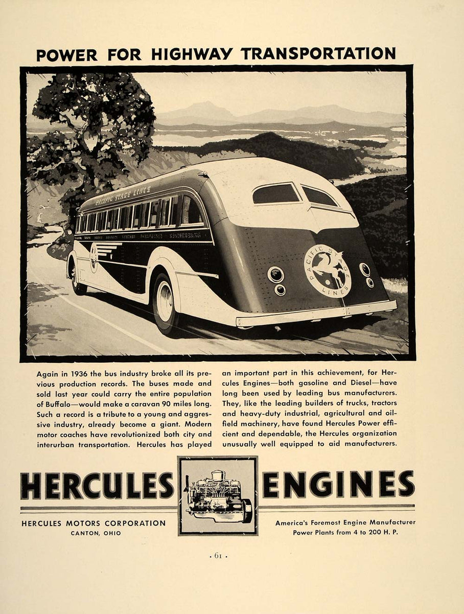1937 Ad Hercules Engines Bus Coach Pacific Stage Lines - ORIGINAL FT8 ...