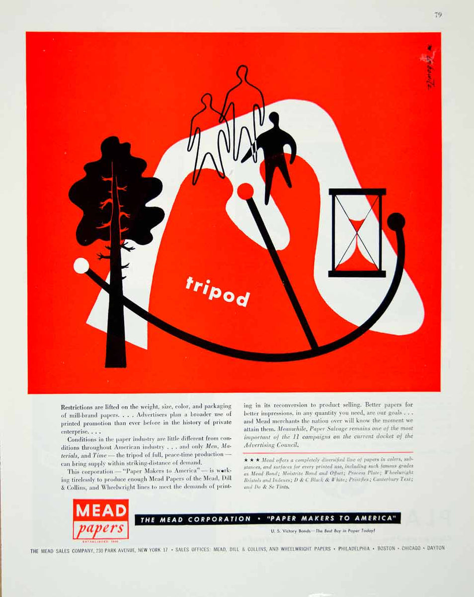 1946 Ad Mead Paper Corporation Abstract Red Tripod America Tree People ...