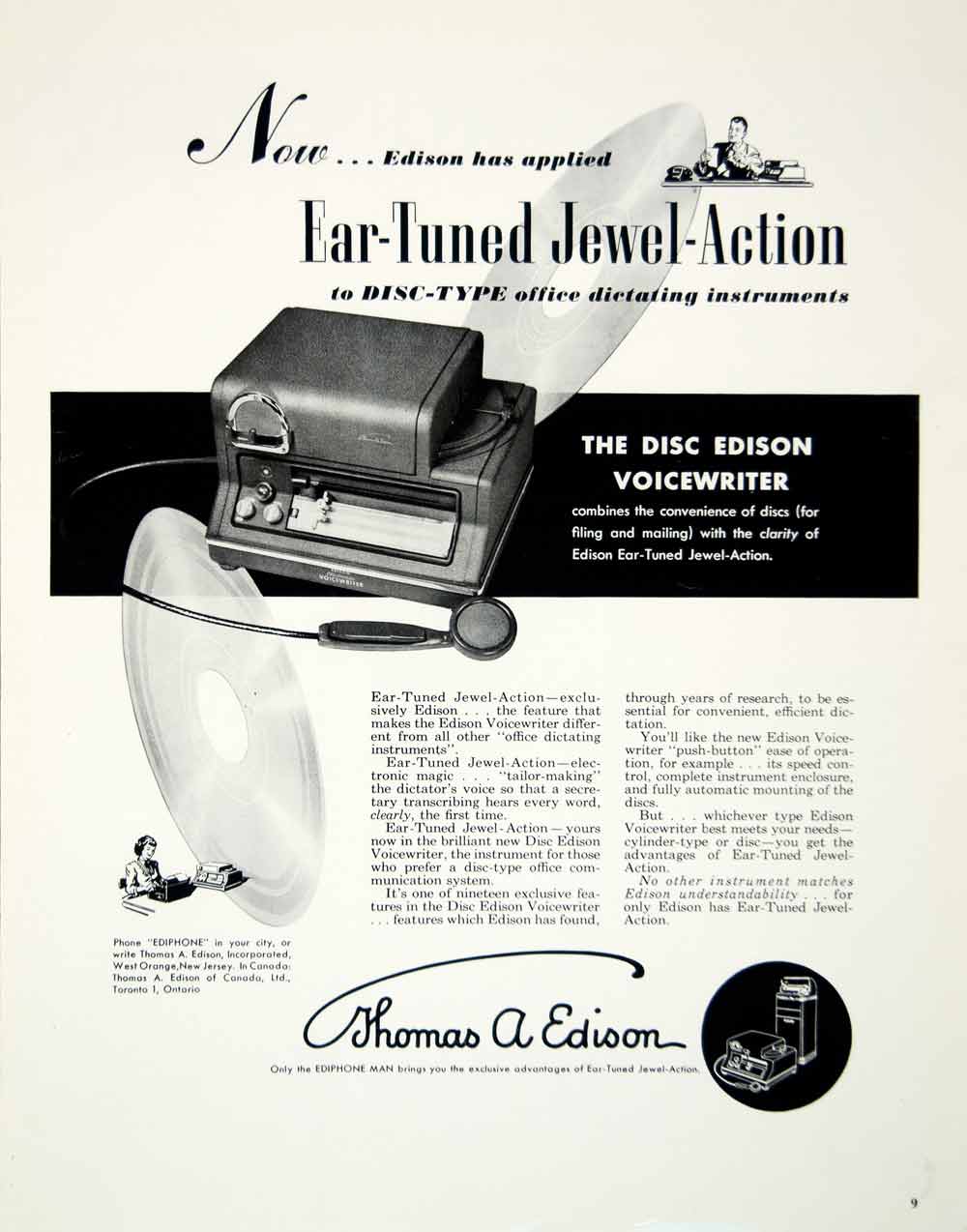 1949 Ad Thomas Edison Ear-Tuned Jewel-Action Voicewriter Ediphone Dict ...