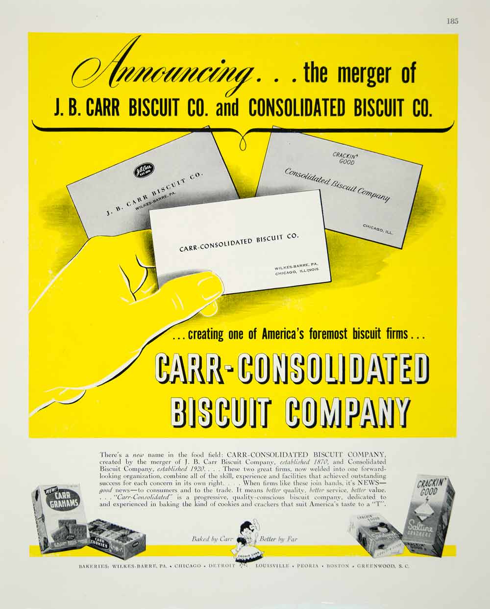 1947 Ad Carr-Consolidated Biscuit J. B. Carr Merging Cookies Crackers ...