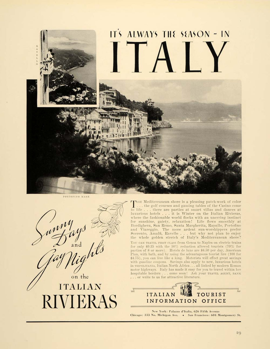 1938 Ad Italy Italian Tourist Information Vacation Spot - ORIGINAL FTT ...