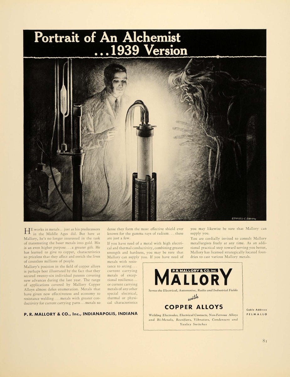 1939 Ad Alchemist P.R. Mallory Copper Alloy Scientist - ORIGINAL FTT9 ...