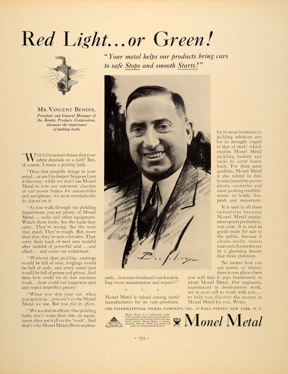 1934 Ad International Monel Metal Vincent Bendix Nickel - ORIGINAL FTT ...