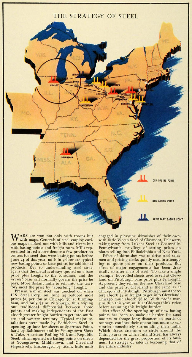 1938 Print Steel Map Basing Point United States Steel Chicago Freight ...