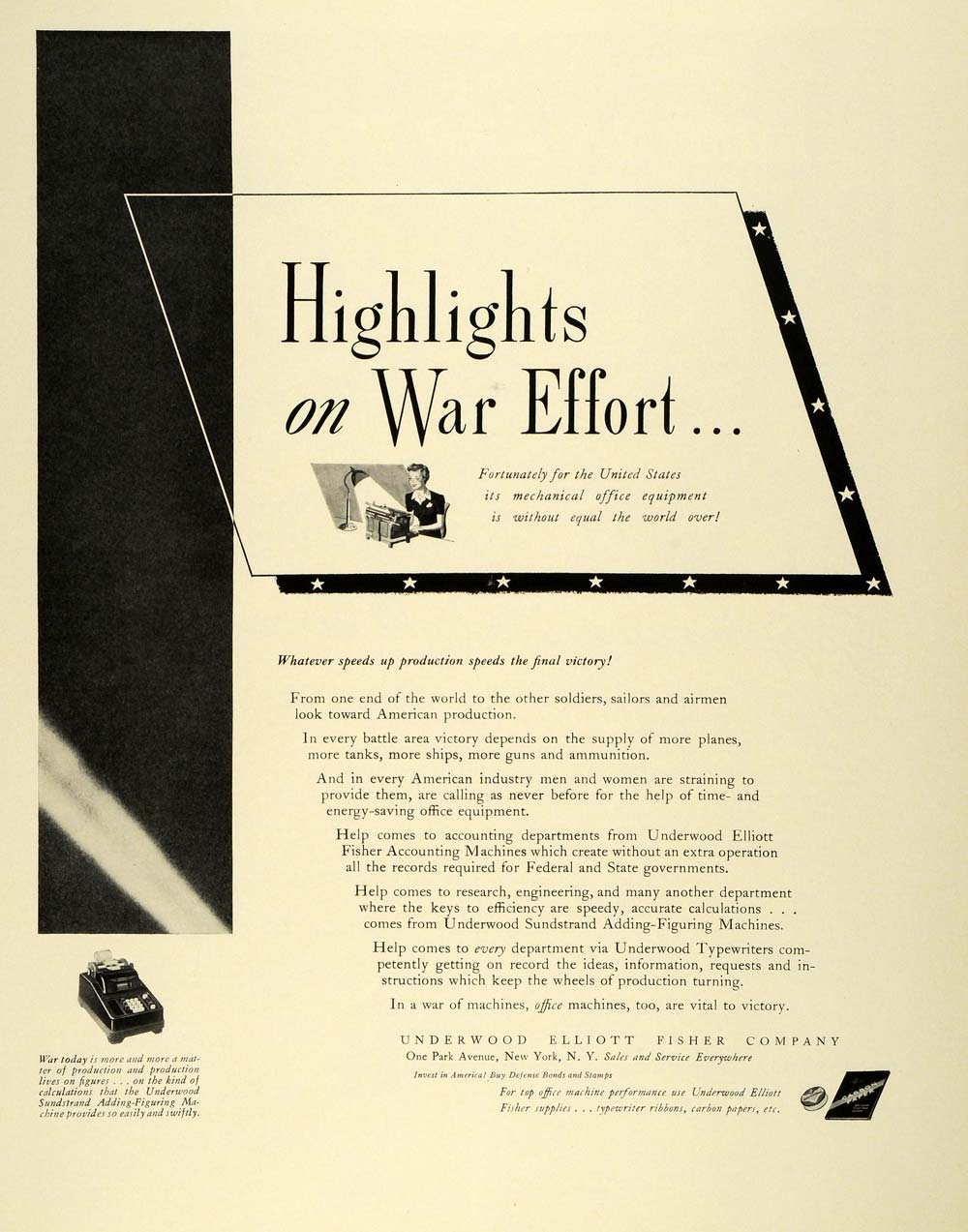 1942 Ad Underwood Elliott Fisher Payroll Machines World War II Typewri ...
