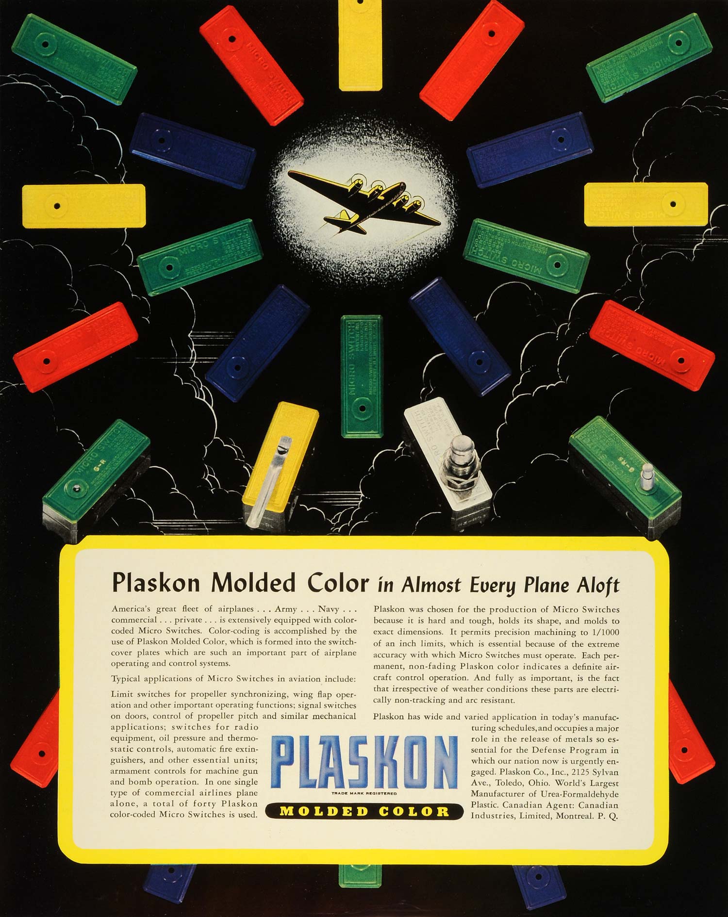 1941 Ad Plaskon Molded Color Coding Micro Switches Airplanes Control S ...