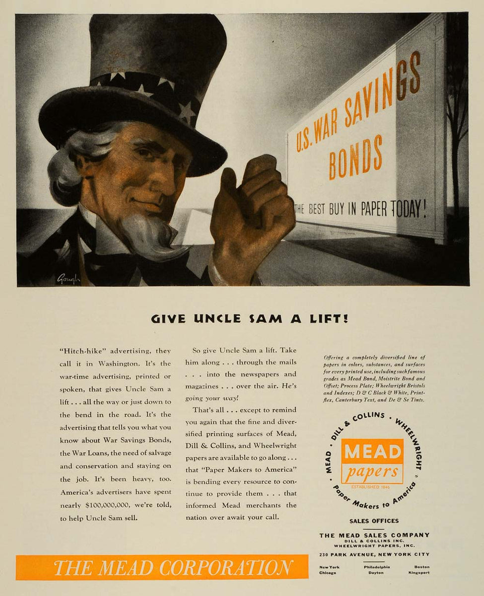 1943 Ad Dill Collins Wheelwright Mead Papers WWII War Bonds Uncle Sam ...