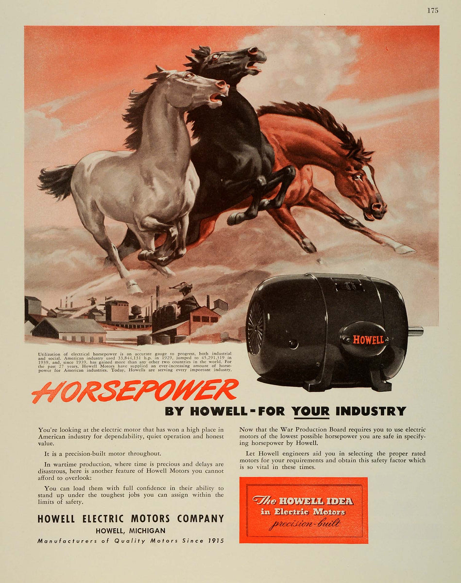 1943 Ad Howell Electric Motors WWII War Production Horsepower Michigan ...
