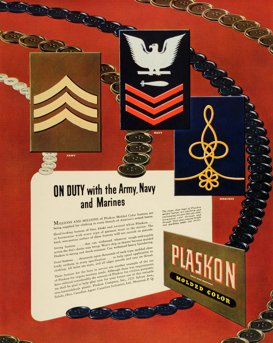 1942 Ad Plaskon Molded Color Military Clothing Buttons Army Navy Marin ...
