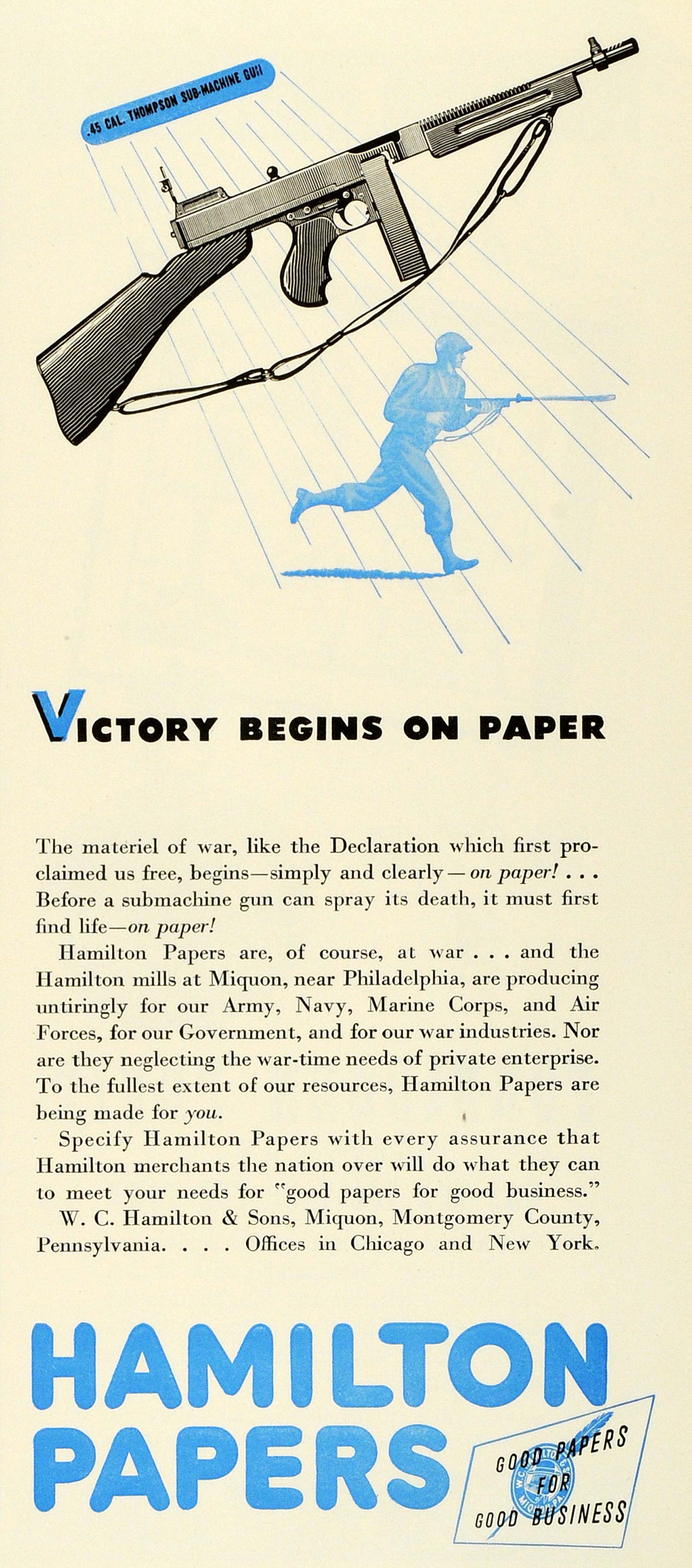 1943 Ad W.C. Hamilton Office Papers WWII War Production Tommy Gun Subm ...
