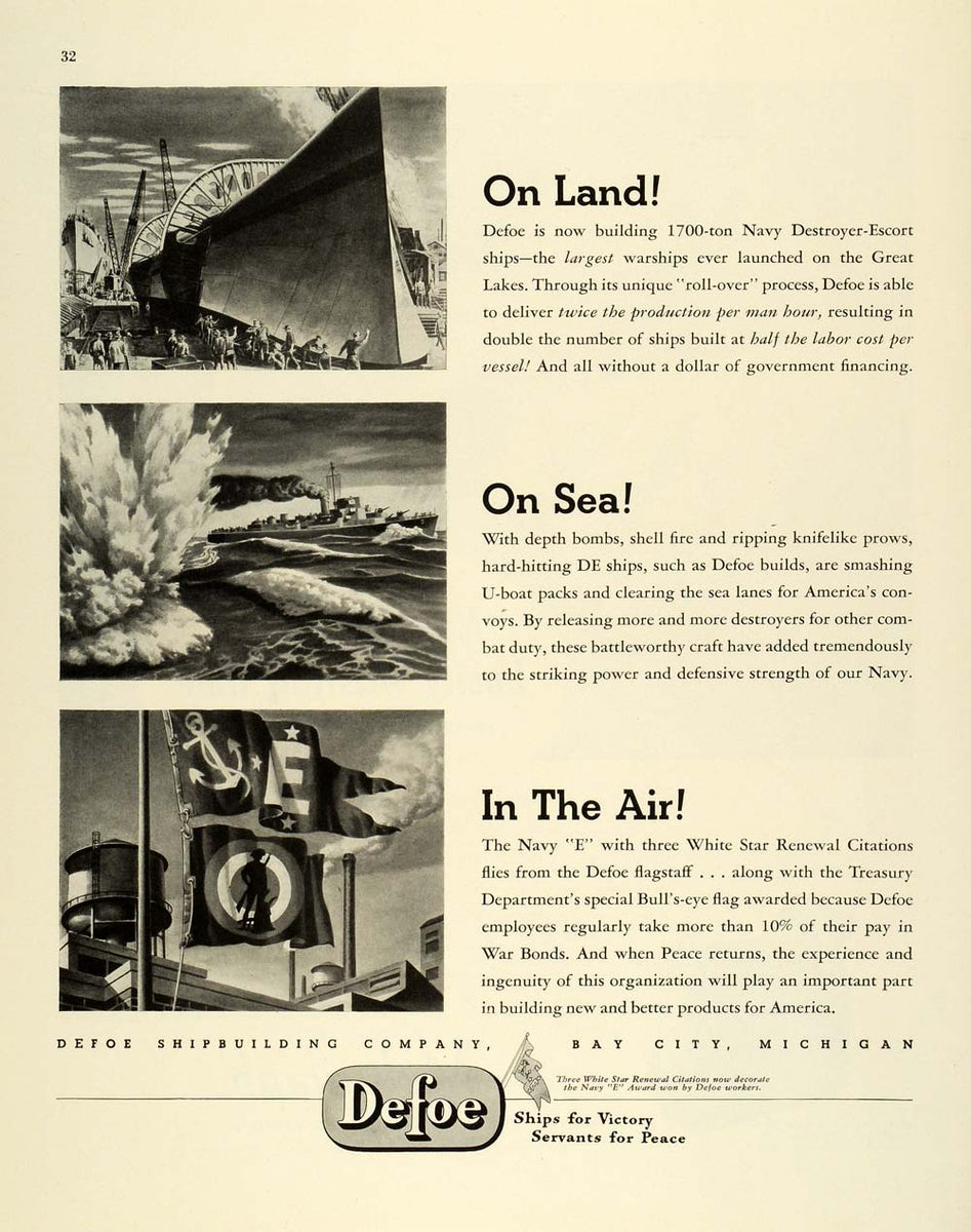 1944 Ad Defoe Shipbuilding Bay City Navy E Pennant WWII Bullseye Flag ...
