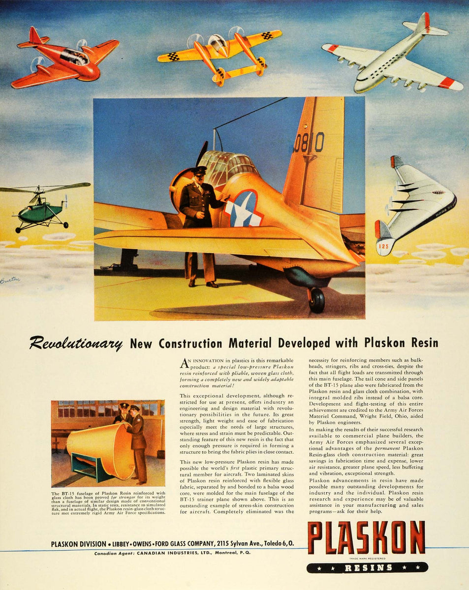 1944 Ad Plaskon Resin BT 15 Trainer Plane Air Force WWII War Productio ...