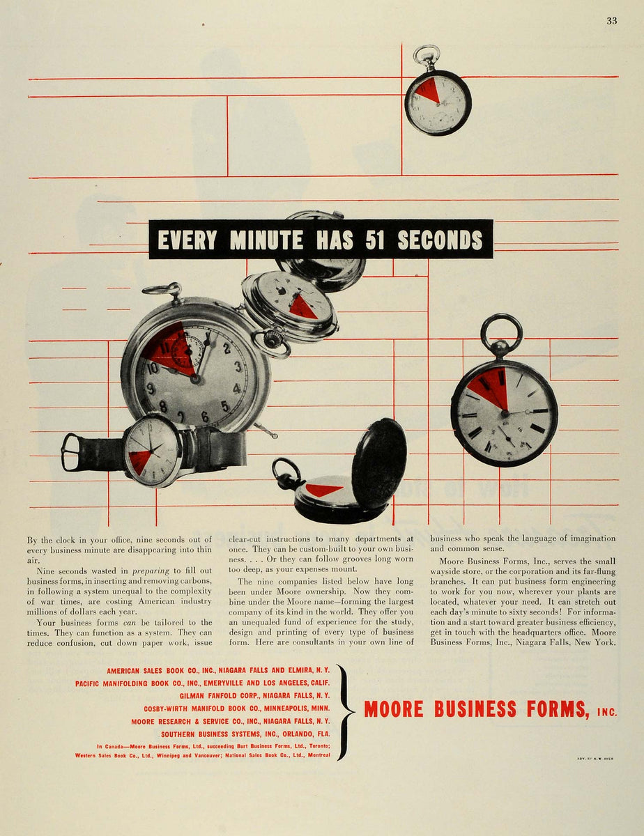 1945 Ad Moore Business Forms Stopwatch Time Wristwatch Timepiece Offic ...