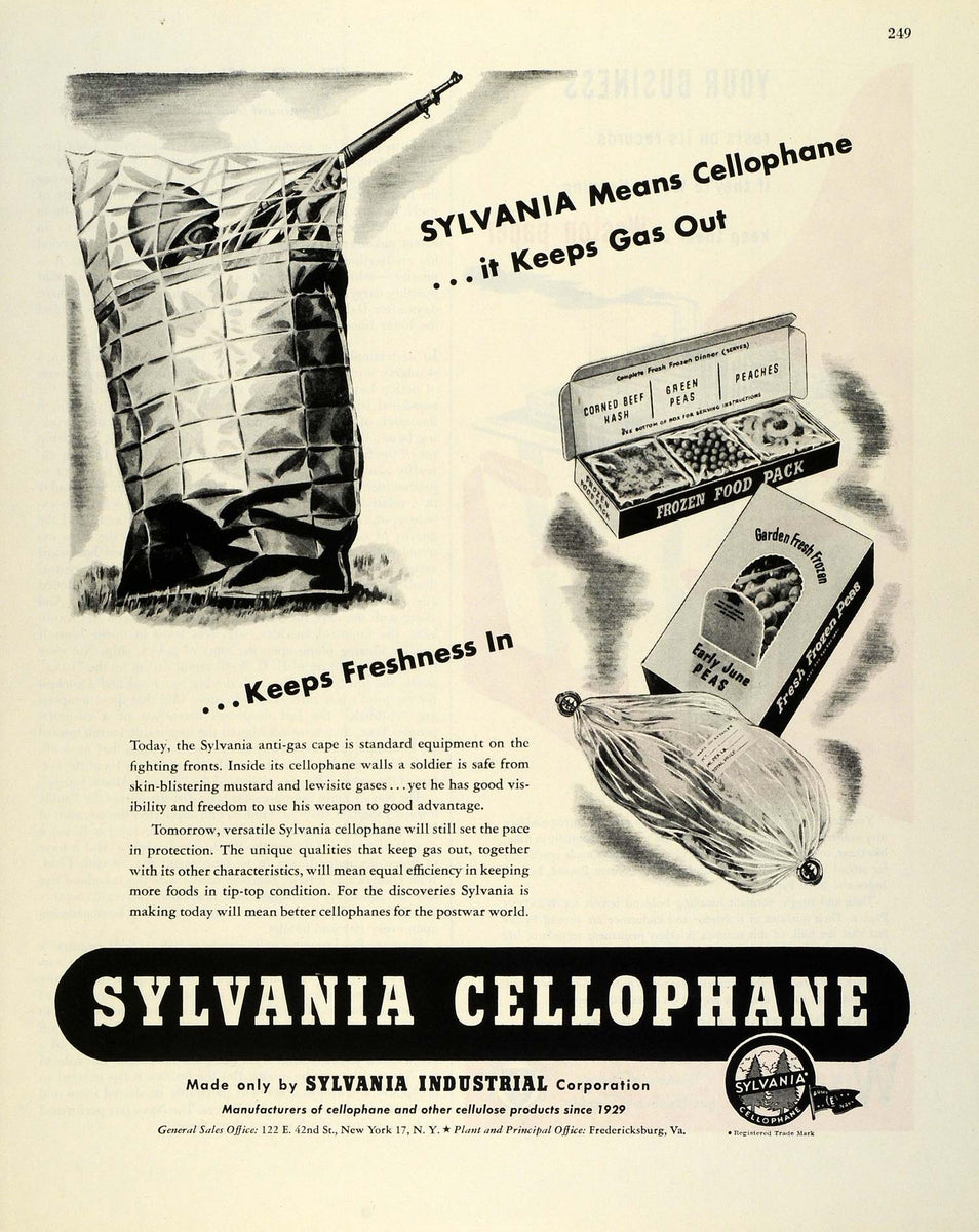 1945 Ad WWII War Production Sylvania Cellophane Anti Gas Cape Food Pac ...