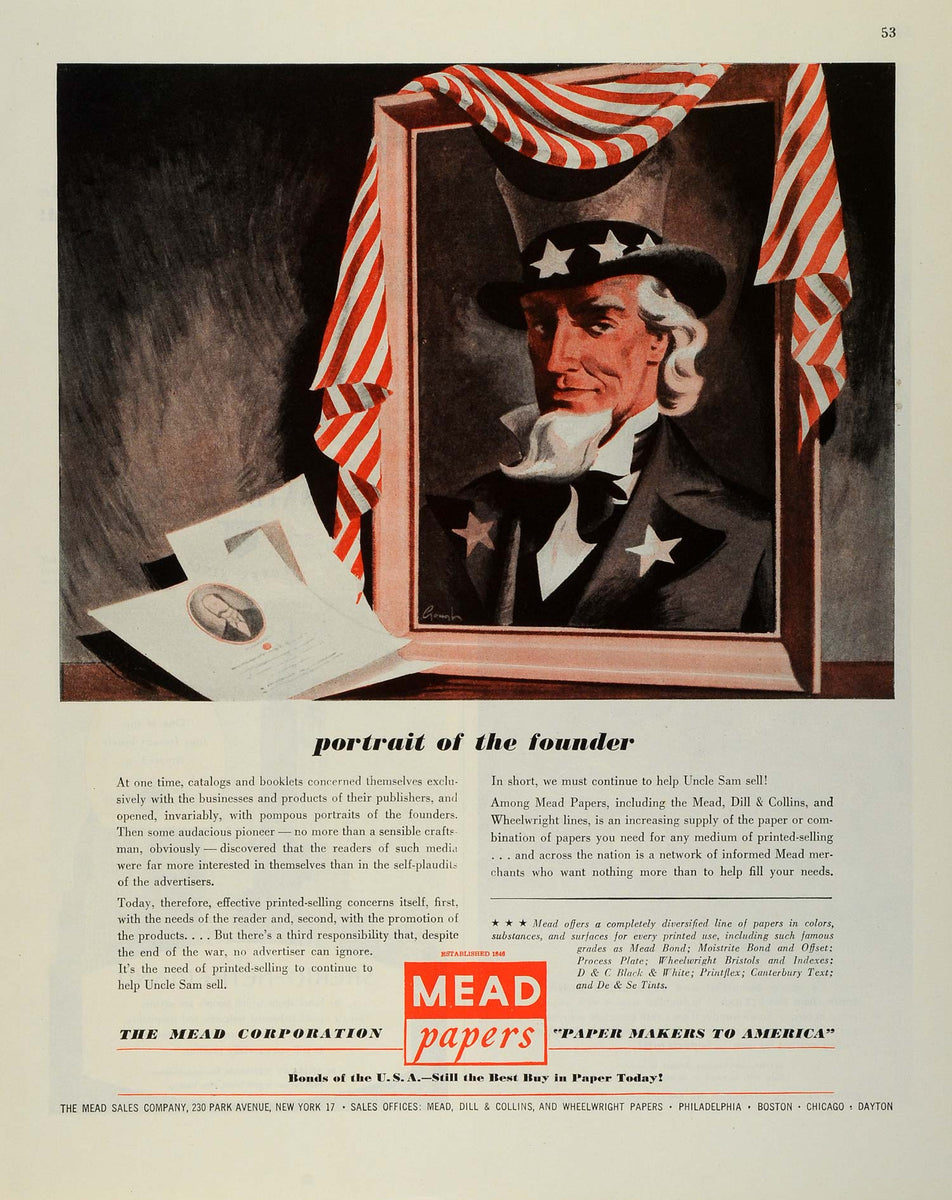 1945 Ad Mead Papers Uncle Sam National Personification US Government G ...