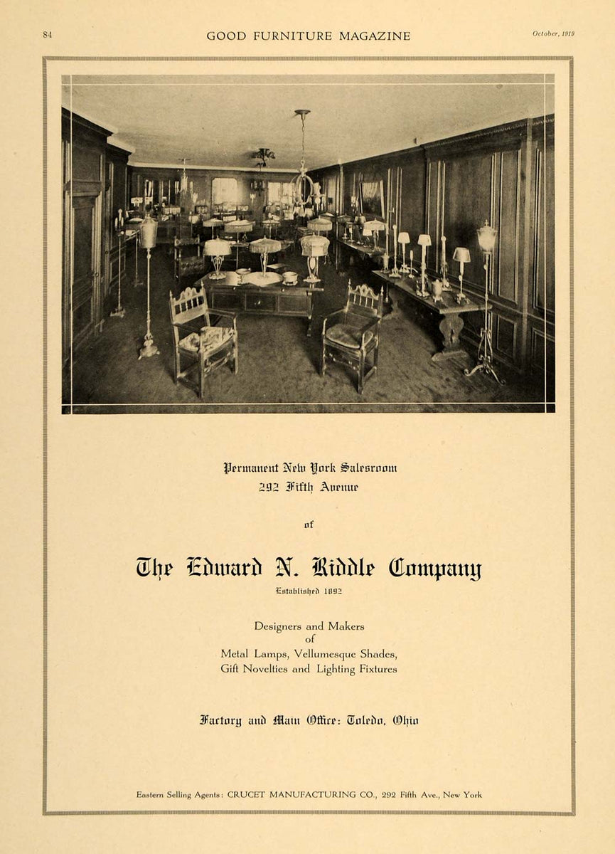 1919 Ad Edward N. Riddle Metal Lamps Shades Furniture - ORIGINAL ADVER ...