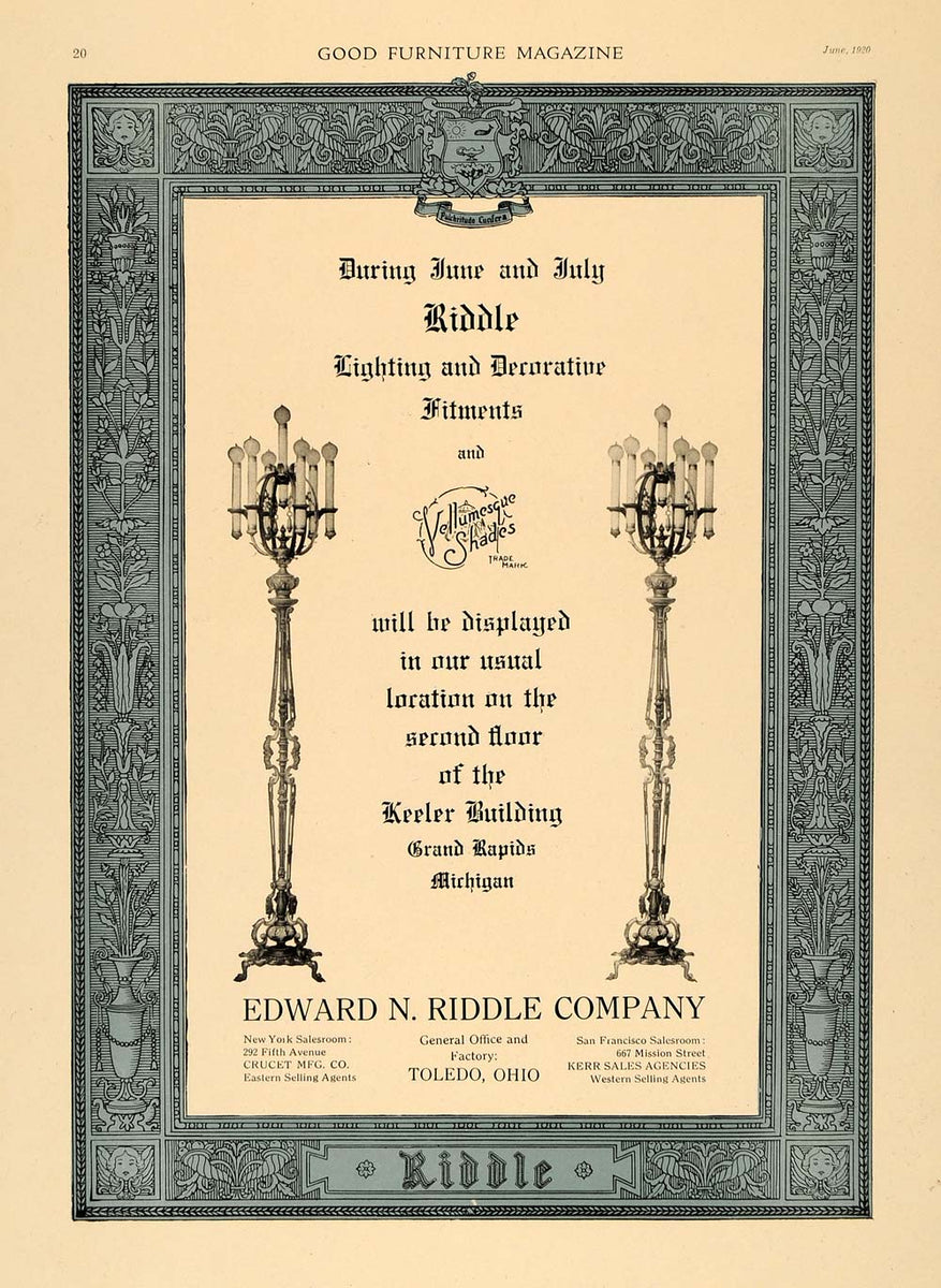 1920 Ad Edward N. Riddle Lighting Decorative Lamp Decor - ORIGINAL GF1 ...