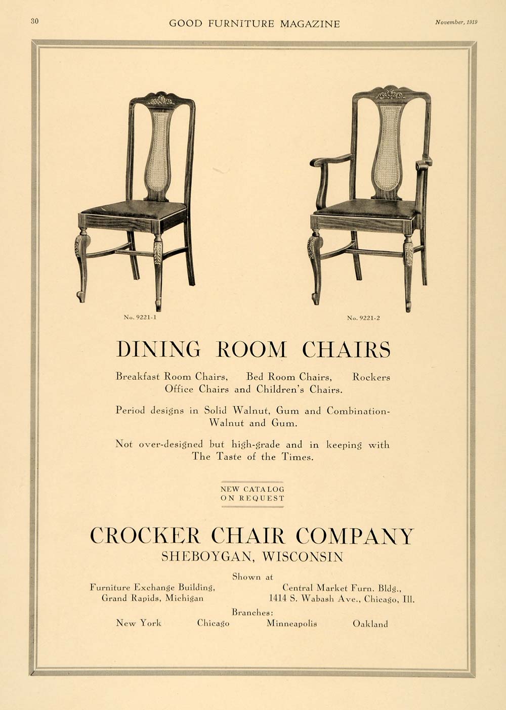 1919 Ad Crocker Dining Room Chairs Walnut Gum Armchair - ORIGINAL GF2 ...